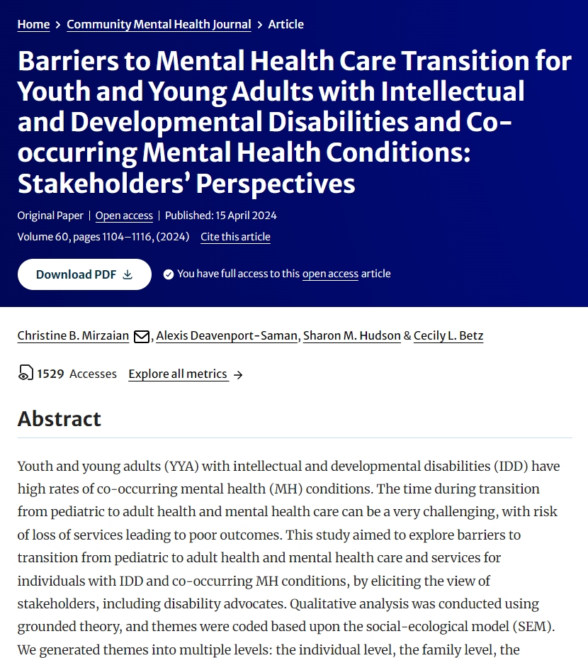 Barriers to mental health care transition for youth and young adults with intellectual and ...